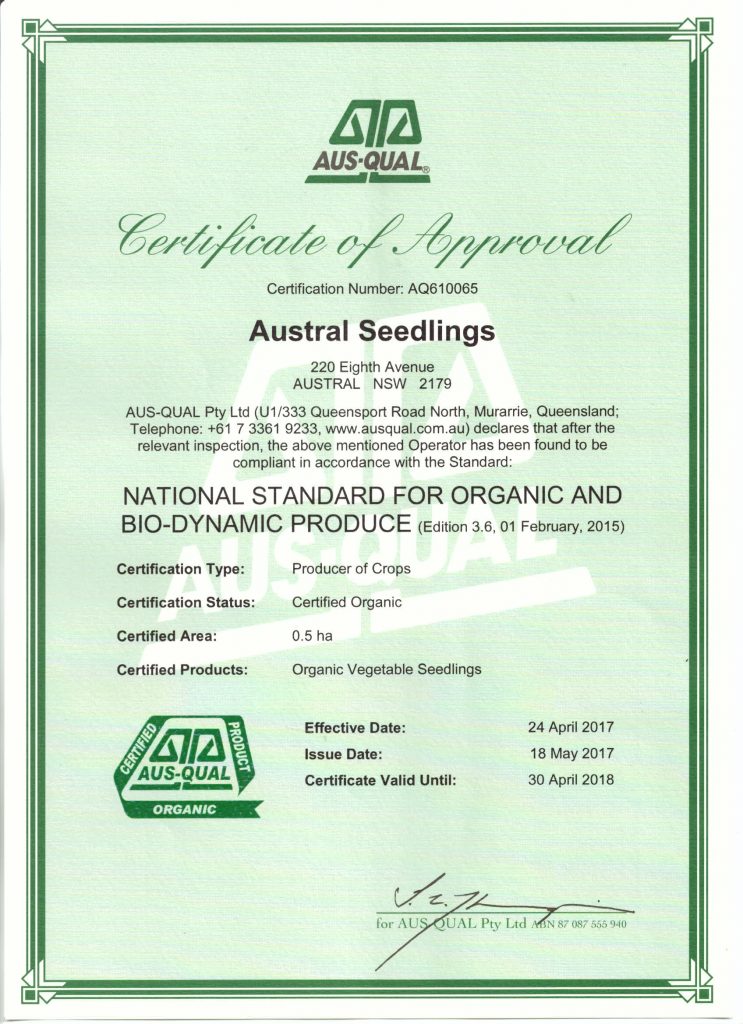 Organic certification 2017 – Austral Seedlings